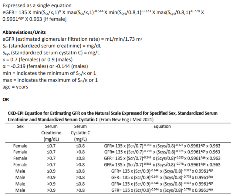사구체여과율 추정 (eGFR) 계산기(2) : CKD-EPI Creatinine-Cystatin C equation (2021) - 의학계산기